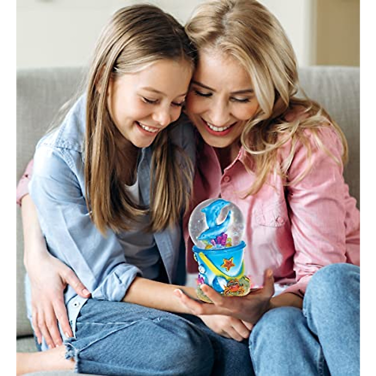 COTA Global Dolphin Sand Bucket Snow Globe - Water Globe Figurine with Sparkling Glitter, Collectible Novelty Ornament for Home Decor, for Birthdays, Christmas, and Valentine's - 65mm