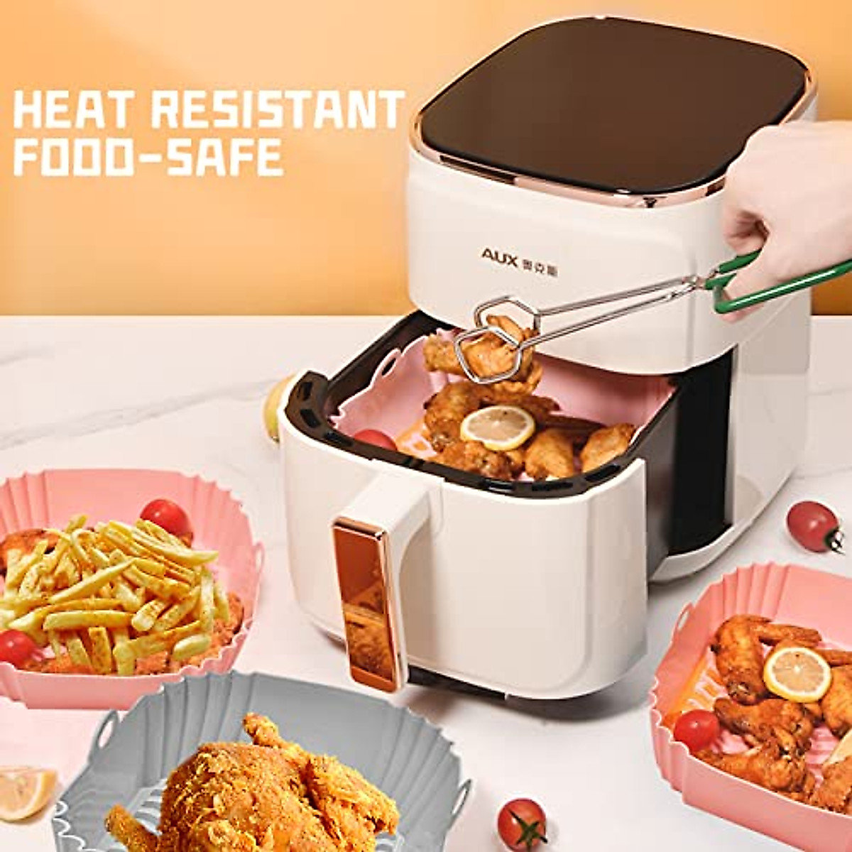 2 Pcs Air Fryer Square Silicone Liners, 8 inch for 4 to 7QT Reusable Silicone Pot for Air Fryer Basket Easy Clean or Oven Microwave Air Fryer Accessories Basket (Grey+Pink)