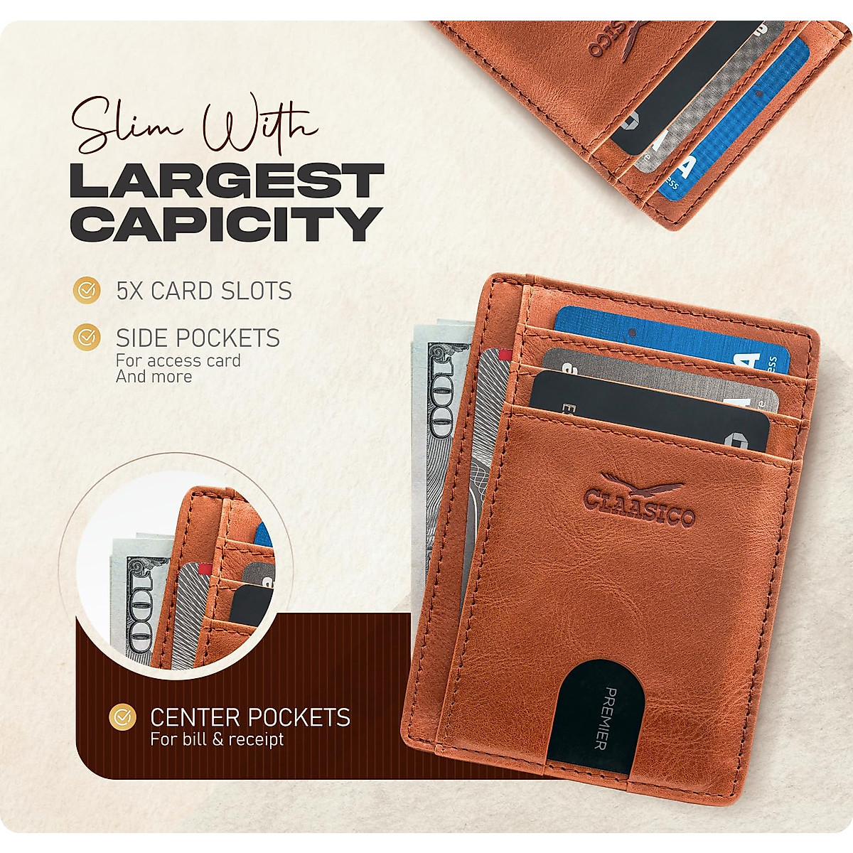 Claasico Front Pocket Small Minimalist Leather Wallet RFID Blocking Vintage Leather Credit Card Holder with Gift Box