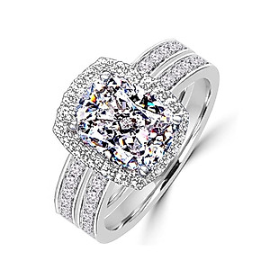 Diamonbella Supreme 101 Facets 2 Carat Rectangular Cushion Cut NSCD Simulated Diamond Ring Band Set Solid 925 Silver Halo Design (6.5)