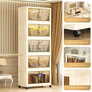 YUEXINKJ Plastic 4 Tier Storage Bins with Lids,Folding Storage Box with Doors and Wheels Stackable Storage Bins,Closet Organizers and Storage for Living Room,Office,Dorm