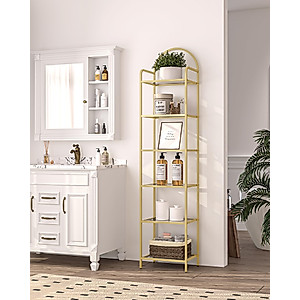 Hzuaneri Bookcase Bookshelf, Tempered Glass Bookshelves, Slim Shelving Unit for Bedroom, Bathroom, Home Office, Steel Frame, 6 Tier Gold BC10601G