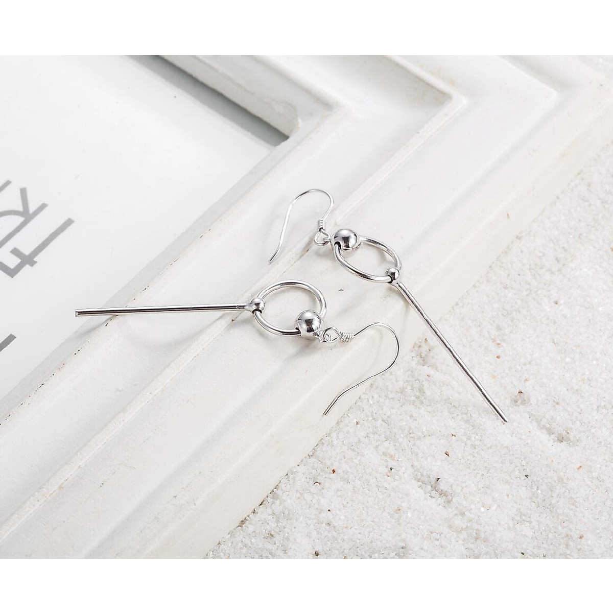 925 Sterling Silver Bead with Long Line Bar Dangle Earrings