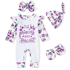 GRNSHTS Newborn Baby Girl Romper Infant Letter Print Bodysuit Floral Jumpsuit+Hat+Headband+Gloves Coming Home Clothes Outfits(Purple,Newborn)