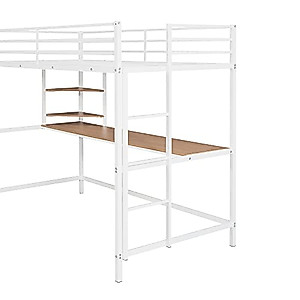 Metal Loft Bed Frame, Twin Size Loft Bed with Desk and Storage Shelves, Metal Bed Frame with Safe Guardrail & Ladder for Kids Teens Adults, Space Saving Loft Bed, No Box Spring Needed (White)