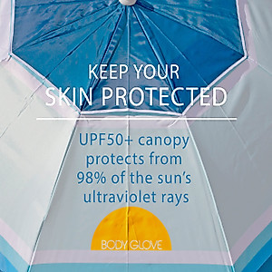 Body Glove Beach Umbrella - 7 Ft Heavy Duty Portable Beach Umbrellas for Sand & Sun UPF 50+ Protection, Sand Anchor for Strong Stability - Large Vented Umbrella + 2-Way Tilt System (Sunrise Stripe)