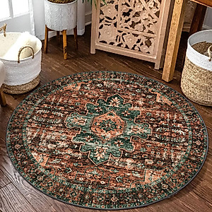 Moynesa Ultra-Thin Washable Round Rug - 3Ft Brown Entryway Rug Low Pile Bathroom Circle Mat, Non Slip Non Shedding Indoor Kitchen Floor Accent Carpet for Bedroom Living Room Foyer Doorway