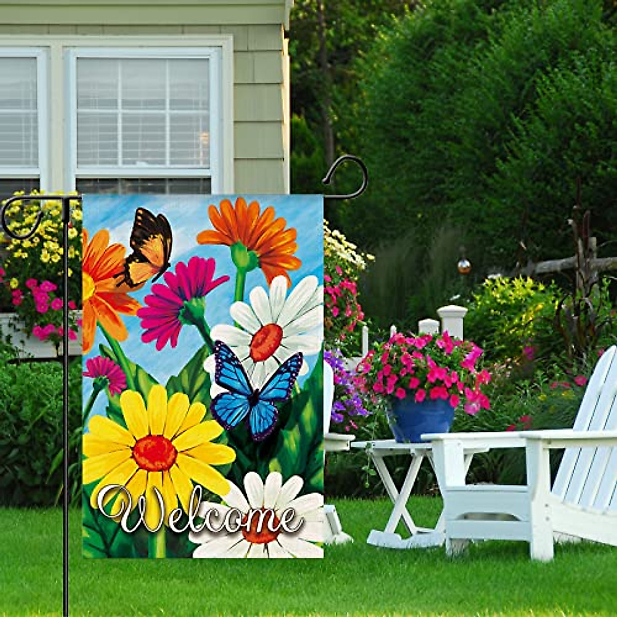 WODISON Welcome Floral Spring Summer Garden Flag, Butterfly Flowers Daisy Burlap Flag 12" x 18" Double Sided, Seasonal Outdoor Decoration For Yard Home (ONLY FLAG)
