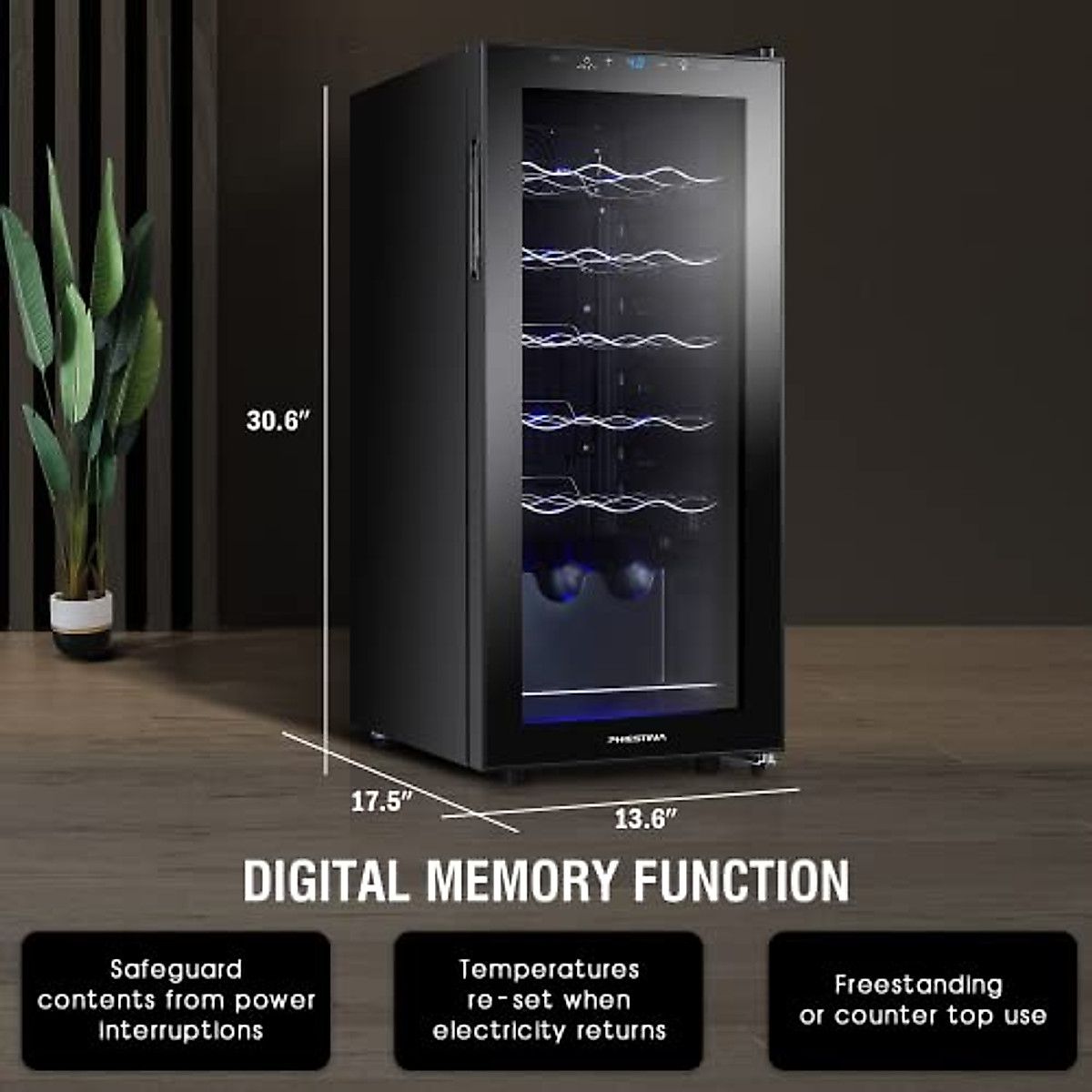 Phiestina Wine Cooler Wine and Beverage Refrigerator 18 Bottles or 15 Bottles 9 cans Beer Fridge Freestanding,with Removable Shelves Interior Lighting Digital Touch Control for Home/Bar/Office