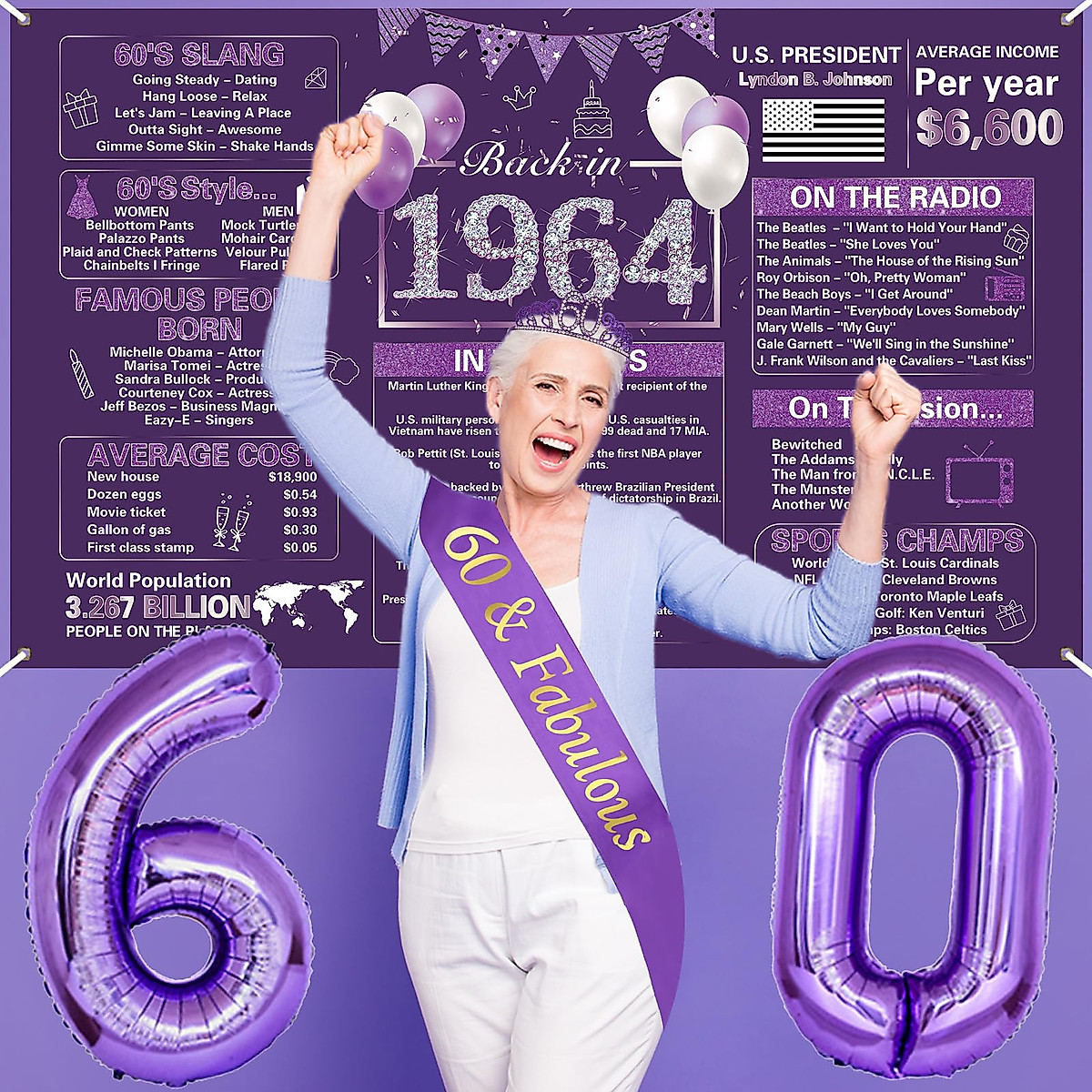 Crenics Purple 60th Birthday Decorations for Women 1964 - Back in 1964 Birthday Backdrop Banner, 60th Birthday Sash and Tiara, Tablecloth and Cake Topper for 60 Years Old Birthday Party Supplies