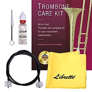 Libretto Trombone ALL-INCLUSIVE Care Kit: Flexible Bore Brush + Mouthpiece Brush + Slide Oil+ Microfiber Cleaning Cloth + Slide Grease, w/Handy Case, Time to Clean & Extend Life of your Trombone!