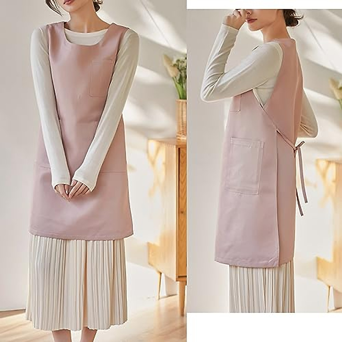 Yuaxme Women Cobbler Apron Japanese Style Aprons with 3 Pockets for Work Chef Kitchen (Pink)