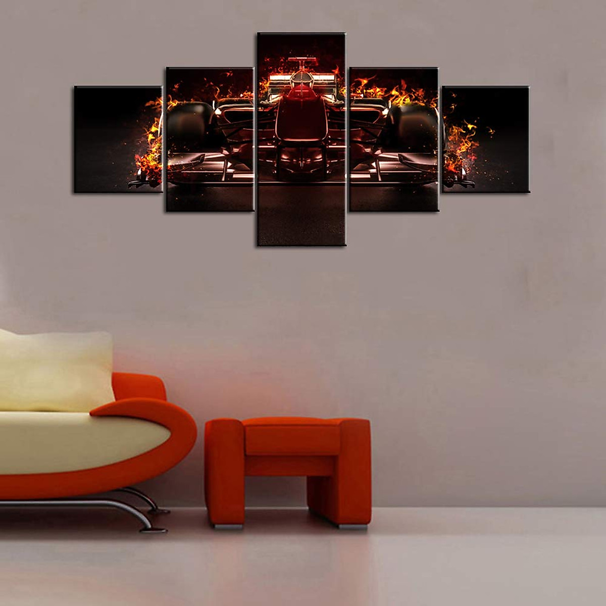 5 Pieces Modern Giclee Canvas Prints Artwork Hot Team Motor Sports Racing Car with Studio Lighting and Fire Effect Picture Stretched and Framed for Living Room Bedroom Home Decorations - 50''Wx24''H