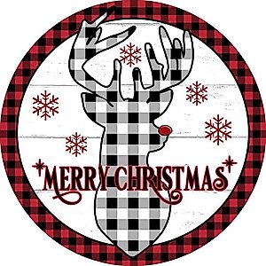 Round Vintage Tin Sign Merry Christmas Sign, Deer Head Sign, Buffalo Check Sign, Winter Sign, Holiday Sign, Christmas Farmhouse Decoration, Metal Circle Wreath Sign Round Tin Sign with Wreath 6x6inch