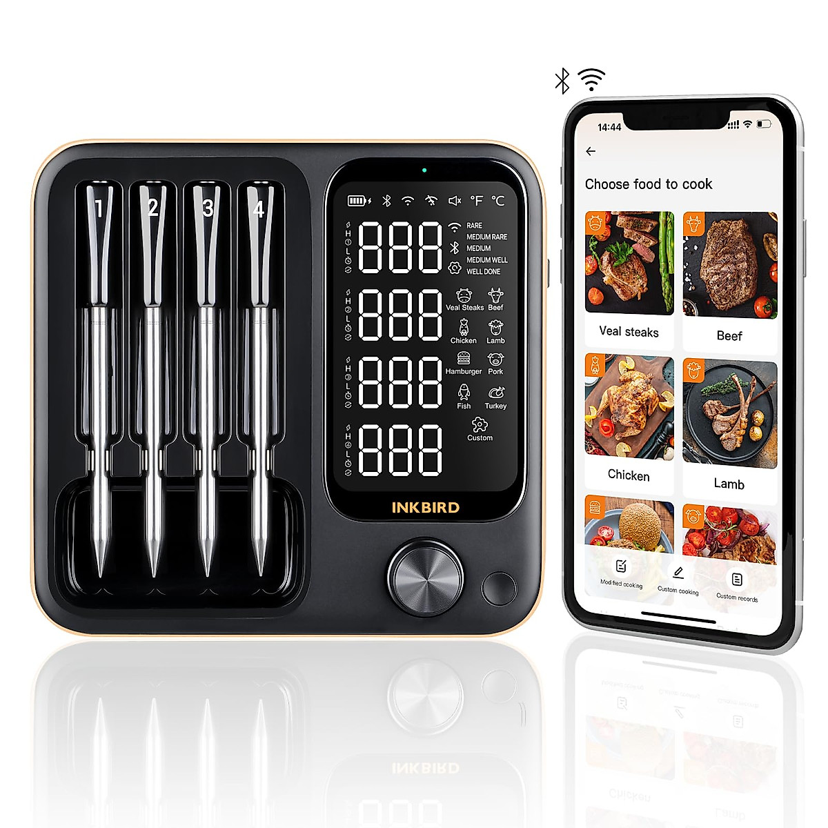 Inkbird Grill Thermometer,Bluetooth Smoker Thermometer,Cooking Digital BBQ Thermometer with 150FT,Alarm and Timer Kitchen Meat Thermometer for Grilling,Roasting,Oven,3 Meat Probes and 1 Oven Probe