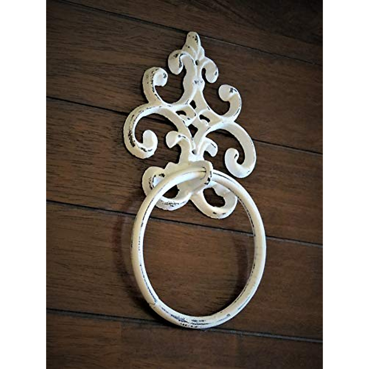 Shabby Chic Towel Ring, Antique White or Pick Color Towel Hanger, Heavy Cast Iron Bathroom Towel Hook, Fleur de Lis Design