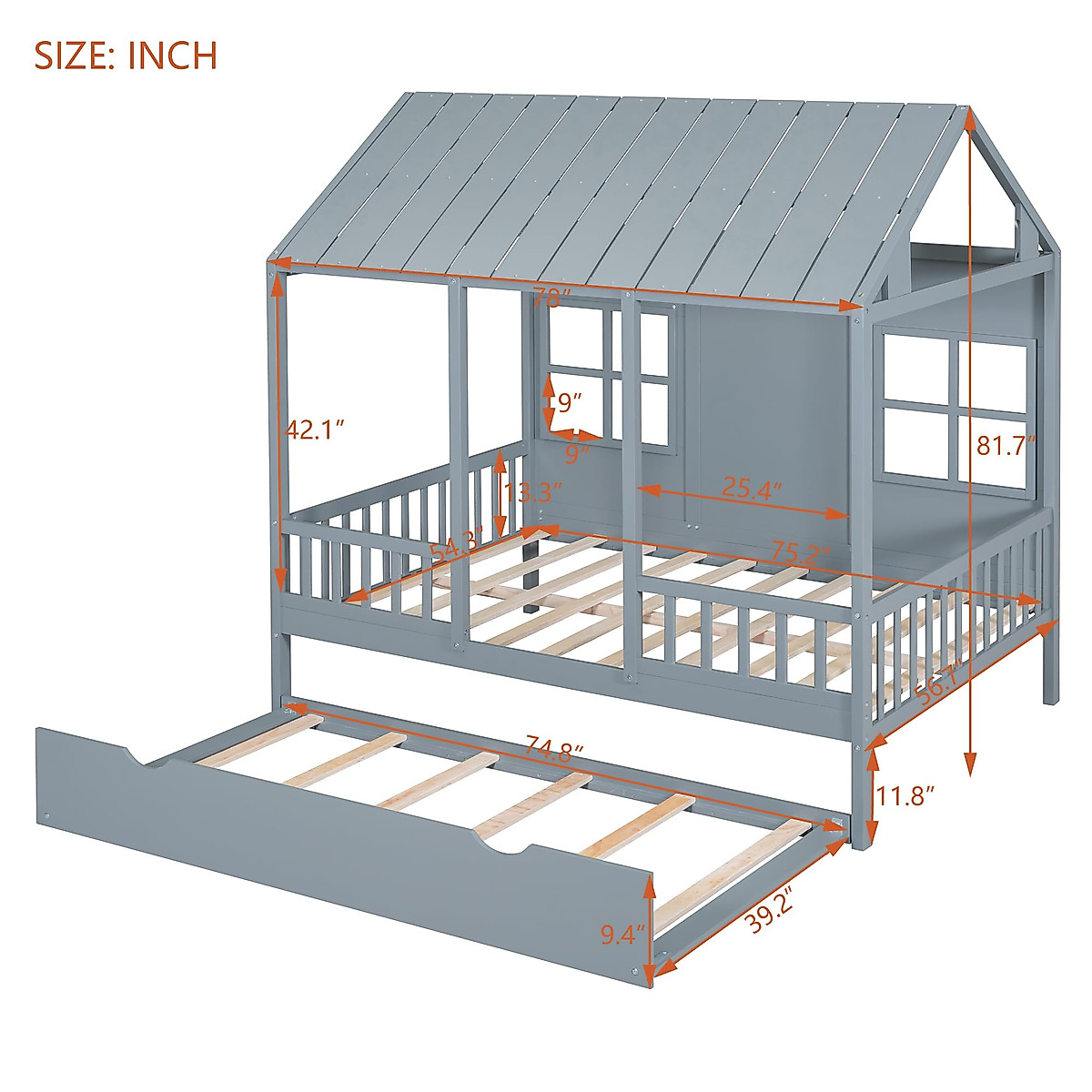 Bellemave Full House Beds with Trundle and Rails Wooden Kids Montessori Bed with Wall and Windows Wood Playhouse Tent Bed Frame for Girls Boys, Full Size, Gray
