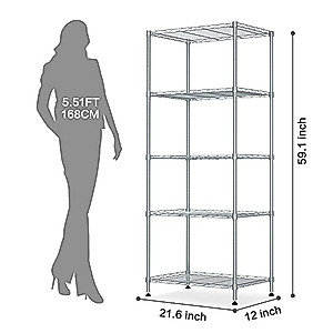 ZTBGY 5 Tier Storage Rack Adjustable Wire Shelving Unit Rack Shelf with Leveling Feet Steel Organizer Rack for Laundry Bathroom Kitchen Pantry Closet (21.6L x 12W x 59.1H) (Silver)