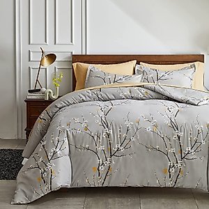 UOZZI BEDDING Branch Style Gray King Duvet Cover Set with 2 Pillow Shams- 800 TC Zipper Closure 4 Corner Ties Adult Men Women Style Dots Floral White Tree Style Reversible Design