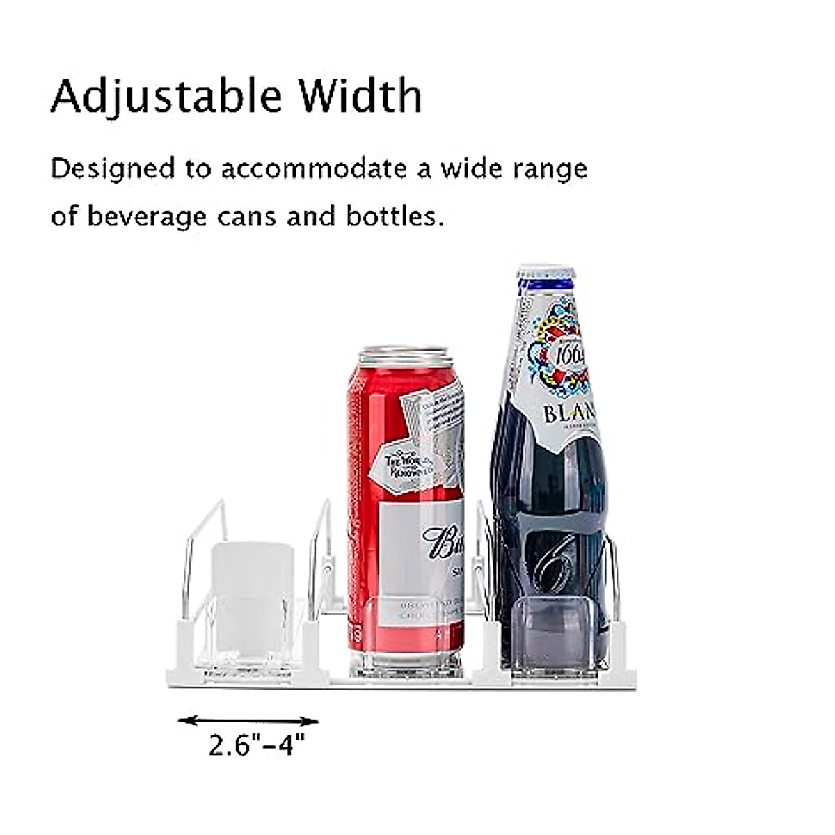 Drink Organizer for Fridge, Self-Pushing Soda Can Organizer for Counter Refrigerator, Width Adjustable Pusher Glide, White, 12”depth-3rows