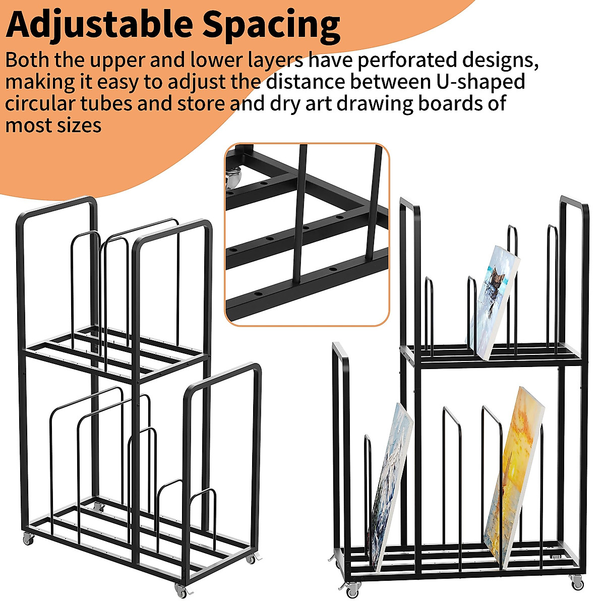 lukar Metal Art Storage Rack with Caster Wheels, 2 Tier Art Canvas Storage Rack, Large Artwork Storage Stand Canvas Organizer Art Drying Rack for Painting, Canvas, Artwork, Panels, Galleries