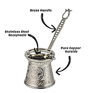 Turkish Coffee Pot, Moka Pot, Espresso Maker for the Stove Top, Camping Coffee Pot, Handmade Greek Arabic Coffee Warmer Cezve with Brass Handle, Stainless Steel Inside (Small 8 oz, Silver)