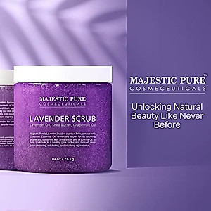 Lavender Oil Body Scrub Exfoliator with Shea Butter and Grapefruit Oil by Majestic Pure - Exfoliate & Moisturize Skin, Fights Acne - 10 oz