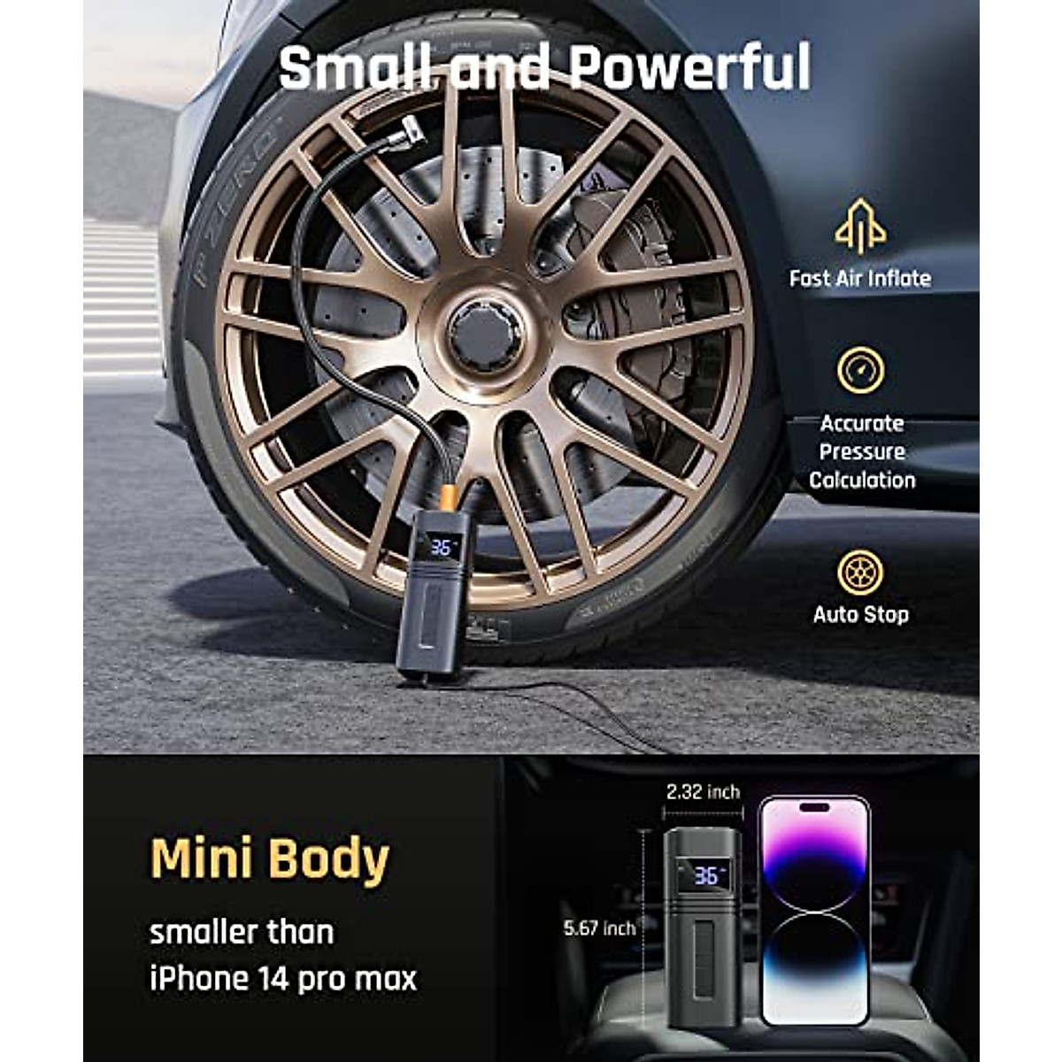 Tire Inflator Portable Air Compressor 38L/min Super Fast Inflate RYSEAB 12V DC Air [pump] for [Car] Tires[Powerful & Small][Car] Tire Pump LED Light for Ball Moto Bike