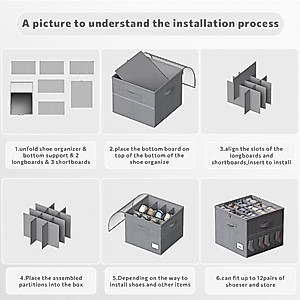 Shoe Organizer for Closet with Fabric Shoe Storage Bins - Clear Cover, Adjustable Dividers, and Foldable Bottom Support for 12 Pairs in Clear Storage Containers (Grey, (15.7 * 15.4 * 12.6) x1)