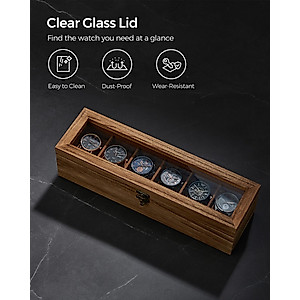SONGMICS Watch Box, 6-Slot Watch Case, Solid Wood Watch Box Organizer with Glass Lid, Rustic Walnut UJOW006K01