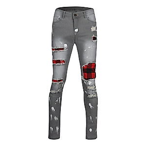 Maiyifu-GJ Men's Ripped Patch Skinny Jeans Distressed Stretch Biker Denim Pencil Pants Tapered Leg Patches Slim Fit Jean (Grey,XX-Large)