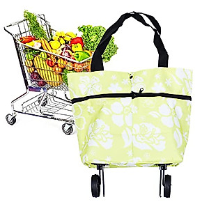 Grocery Cart on Wheels Wheeled Cart Folding Shopping Bag with Wheels,Collapsible Shopping Trolley Bags Shopping Cart(Green Leaves) Foldable Dolly Shopping Cart with Wheels