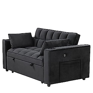YUNLife Pull Out Sofa Bed Sofabed, Black 55.3" w +Cup Holder and USB Port