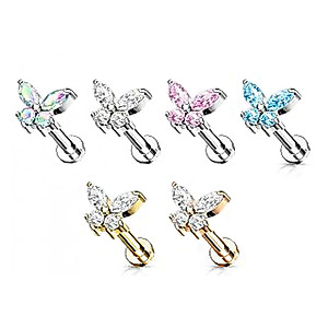 Izpack Butterfly 361L Surgical Stainless Steel Labret Monroe Piercing Studs for Women Men Crystal Cubic Zirconia Tragus Cartilage Nose Helix Stud Earring Dainty Body Jewelry 16G (Colorful CZ)