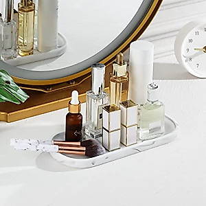 Luxspire Bathroom Vanity Tray, Toilet Tank Oval Storage Tray, Resin Handmade Bathroom Bathtub Kitchen Dresser Countertop Organizer for Soap Shampoo Candles Towel Plant Jewelry Ring Dish - White Marble
