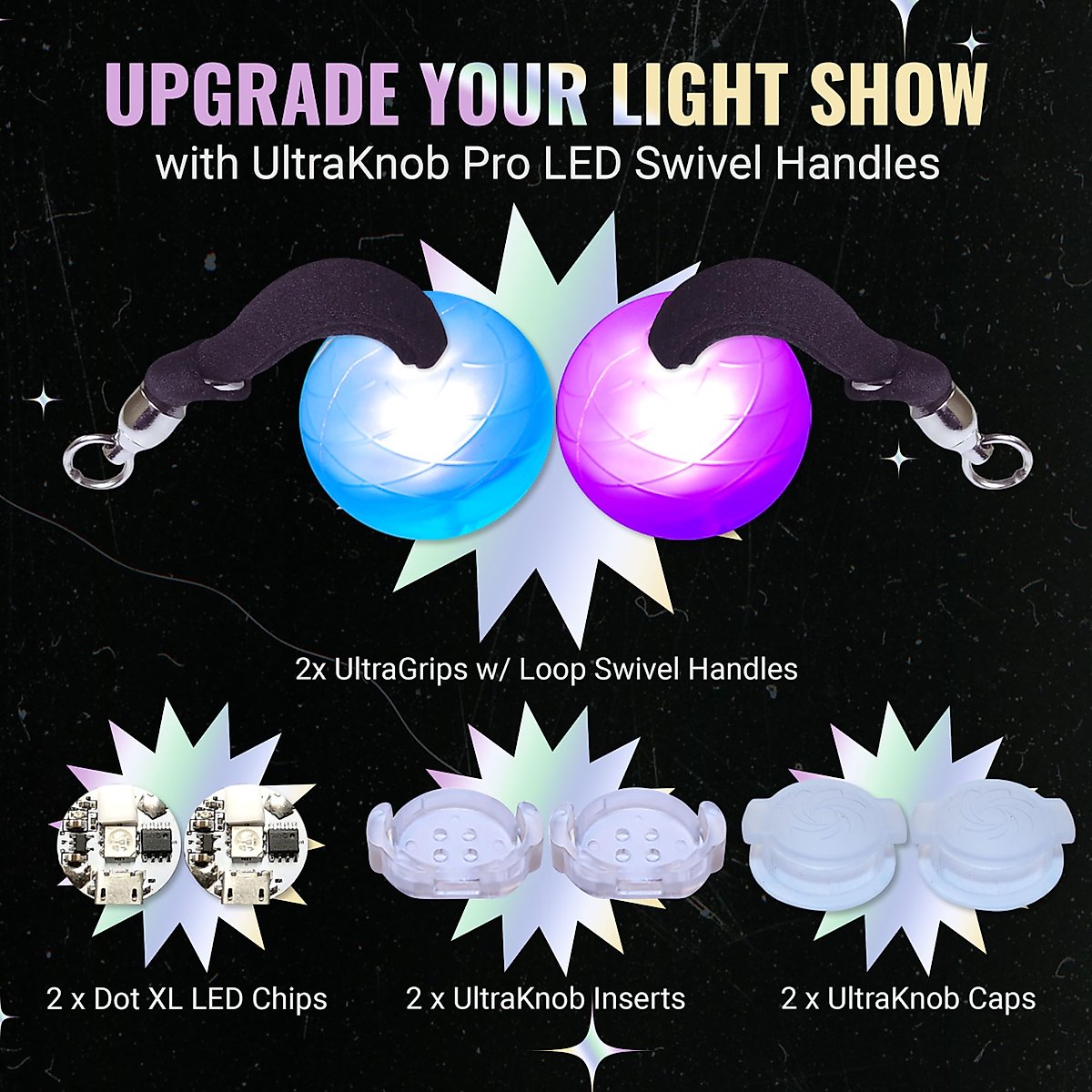 UltraPoi UltraKnob Swivel Handles Set (Pair (2)) - Rechargeable LED Poi Knob Handles - Over 30 Brilliant Rainbow Color Modes & Flashing Patterns - Silicone Knob Set for Poi, Flow Arts & Light Spinning