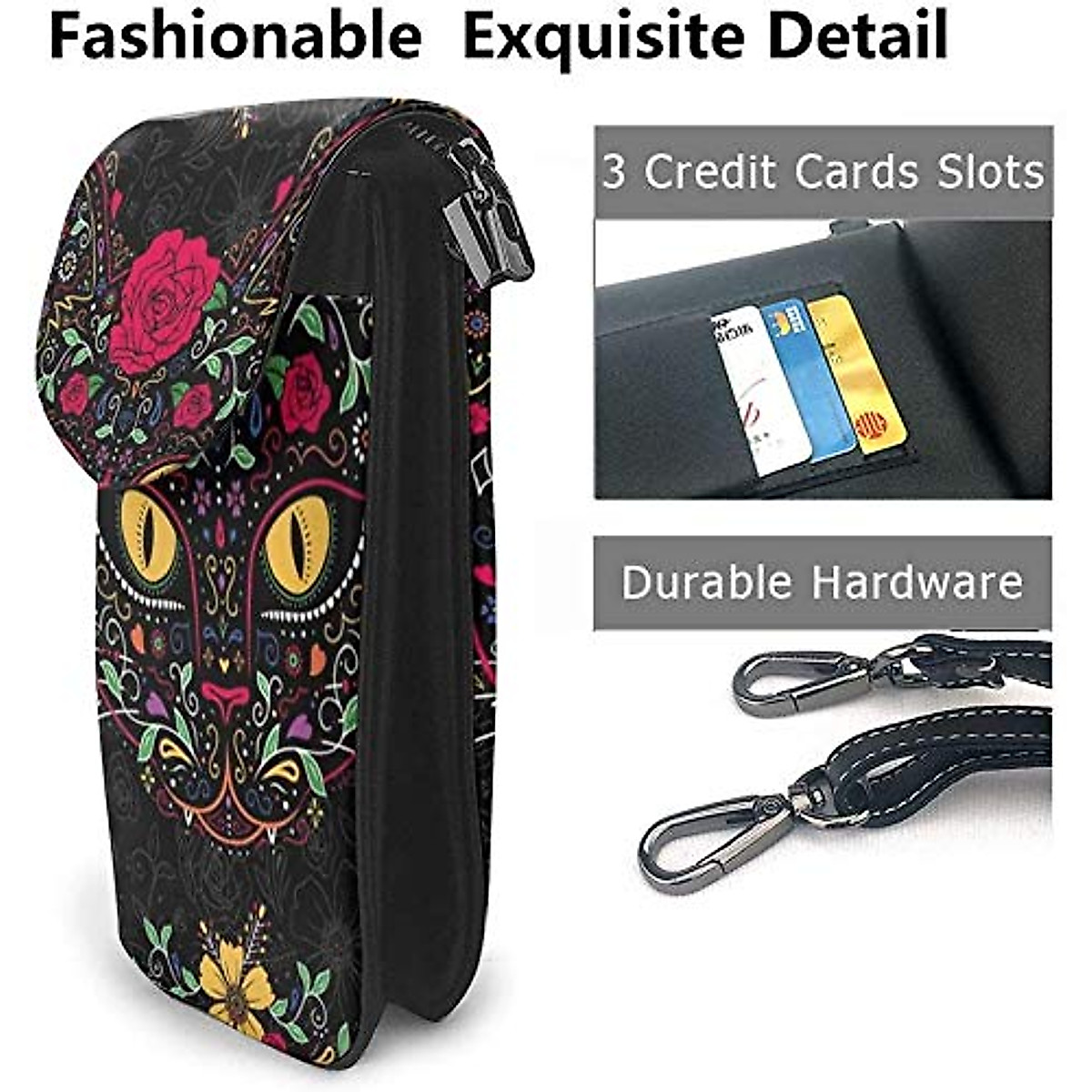 Day of the Dead Kitty Cat Sugar Skull Women Soft PU Leather Cellphone Purse Wallet Handbag Small Crossbody Shoulder Bag