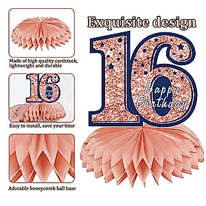 Rose Gold Navy Blue 16th Birthday Decorations Table Centerpieces for Women Girls, 8Pcs Happy 16 Birthday Honeycomb Centerpiece Party Supplies, Sweet 16 Birthday Table Toppers Sign Decor