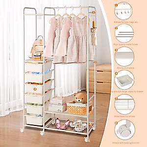 PACHIRA E-Commerce Rolling Clothes Rack for Hanging Clothes 6 Drawers, White Clothing Racks on Wheels Freestanding Clothing Garment Rack 37" W x 14.5" D x 66" H