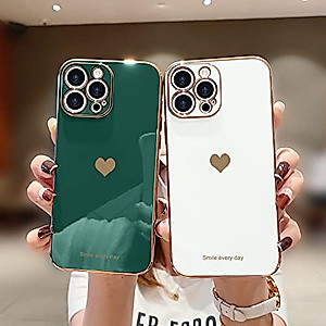 Teageo iPhone 14 Pro Case - Luxury Love Heart Design, Bling Back Cover, Camera Protection, Shockproof, Blackish Green
