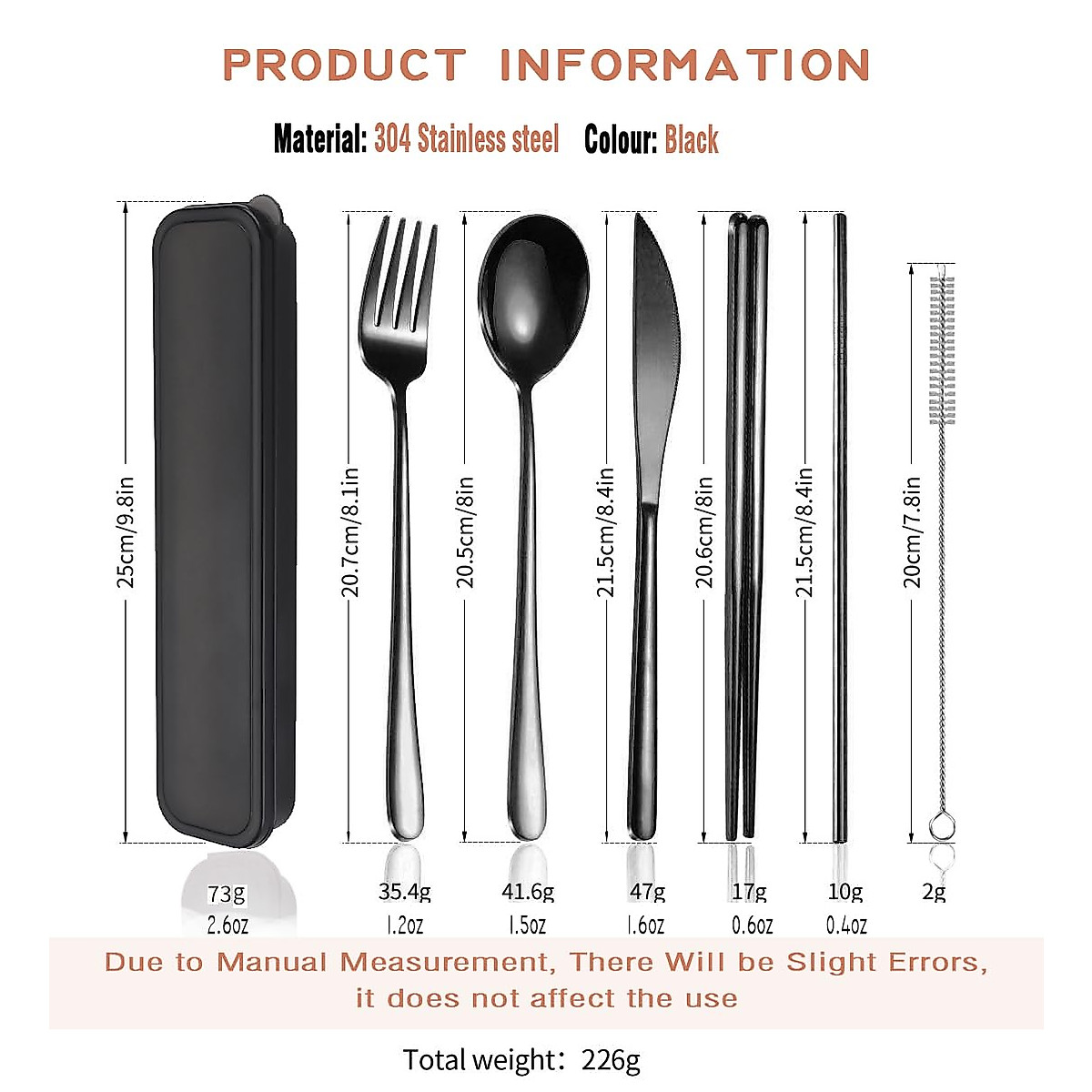 AARAINBOW 6 Pieces 18/8 Stainless Steel Flatware Set Portable Reusable Cutlery Set Travel Utensils Set Including Chopsticks Knife Fork Spoon Straws Cleaning Brush Dishwasher Safe (Black)