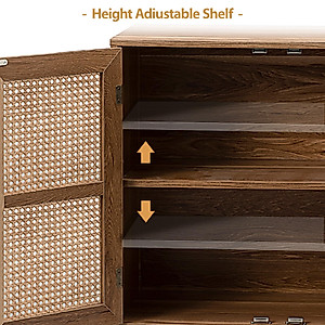 HULALA HOME Accent Storage Cabinet with 3 Natural Rattan Doors & Wood Legs, 2-Tier Shelf Sideboard Buffet Cabinet, Cupboard Console Table for Living Room, Entryway, Dining Room, Hallway (Walnut)