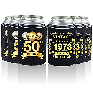 Greatingreat 50th Birthday Can Cooler Sleeves Pack of 12-50th Anniversary Decorations- Vintage 1973-50th Birthday Party Supplies - Black and Gold fiftieth Birthday Cup Coolers