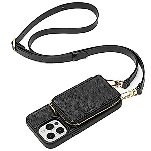 ZVE iPhone 14 Pro Crossbody Wallet Case, Card Holder Zipper Phone Case with Wrist Strap, RFID Blocking Leather Purse Gift for Women Compatible with iPhone 14 Pro, 6.1 inch, 2022-Black