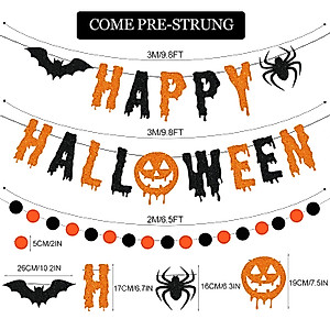 CAVLA Glitter Happy Halloween Banner and Circle Dots Garland Black Orange Glittery Halloween Garland Banner with Bat and Spider Signs Halloween Haunted Houses Wall Fireplace Party Decorations Supplies
