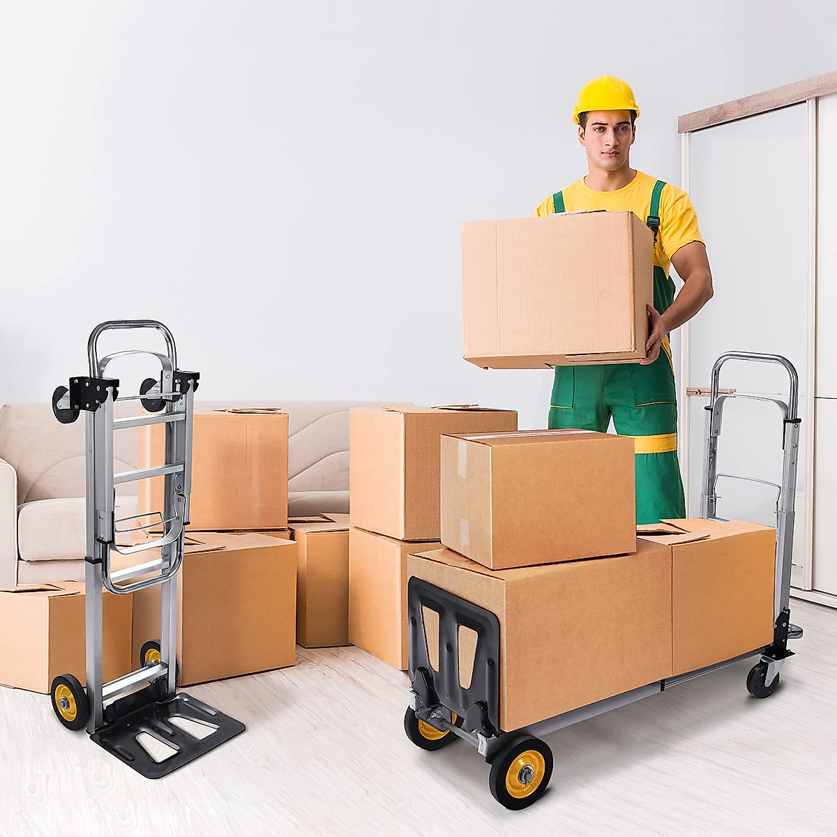 Oyoest Aluminium Folding Hand Truck Heavy Duty 440lbs Capacity 2 in 1 Convertible Hand Truck Dolly with Pneumatic Wheels and Telescoping Handles, Portable Dolly Cart with Bungee Cords for Moving