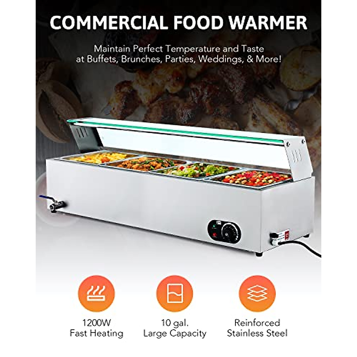 WILPREP Commercial Food Warmer for Parties Hotels Restaurants, 1200W Buffet Server and Warmer, 4pc Electric Warming Tray for Food or Sauces, Catering Food Warmer with 4 Stainless Steel Chafing Dishes