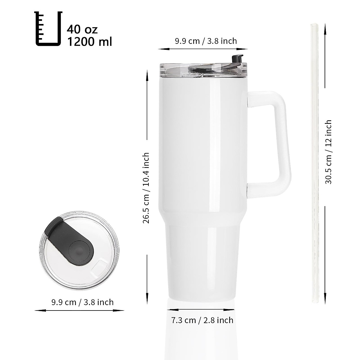 Sublifun 40 OZ Sublimation Tumbler with Handle, 2 Pack Sublimation Tumbler Blanks Stainless Steel Vacuum Insulated White Travel Tumbler with Plastic Handle and Straw for 40 oz Tumbler Heat Press Print