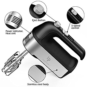 Hand Mixer Electric, 450W Kitchen Mixers with Scale Cup Storage Case, Turbo Boost/Self-Control Speed + 5 Speed + Eject Button + 5 Stainless Steel Accessories, For Easy Whipping Dough,Cream,Cake