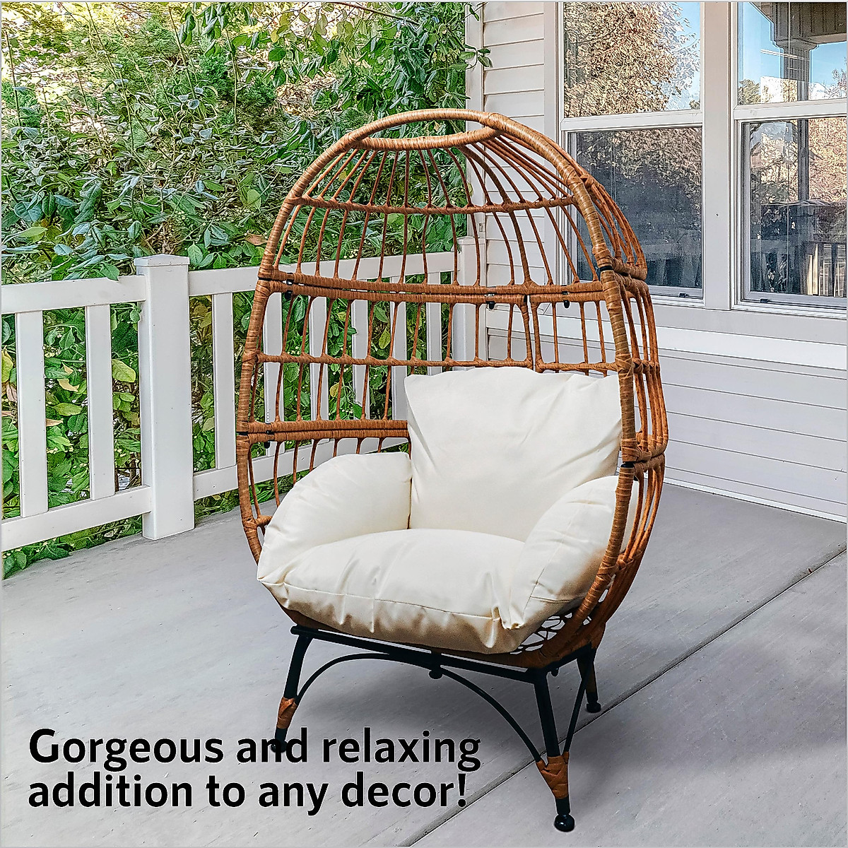 Kids Size Wicker Egg Chair, Indoor Outdoor Patio Backyard Deck Lounger Bubble Seat, With Cushion, Room & Home Décor - Chair Measures 22” x 29” x 35” Floor To Top Height - 45”, Weight Capacity 250 lbs.